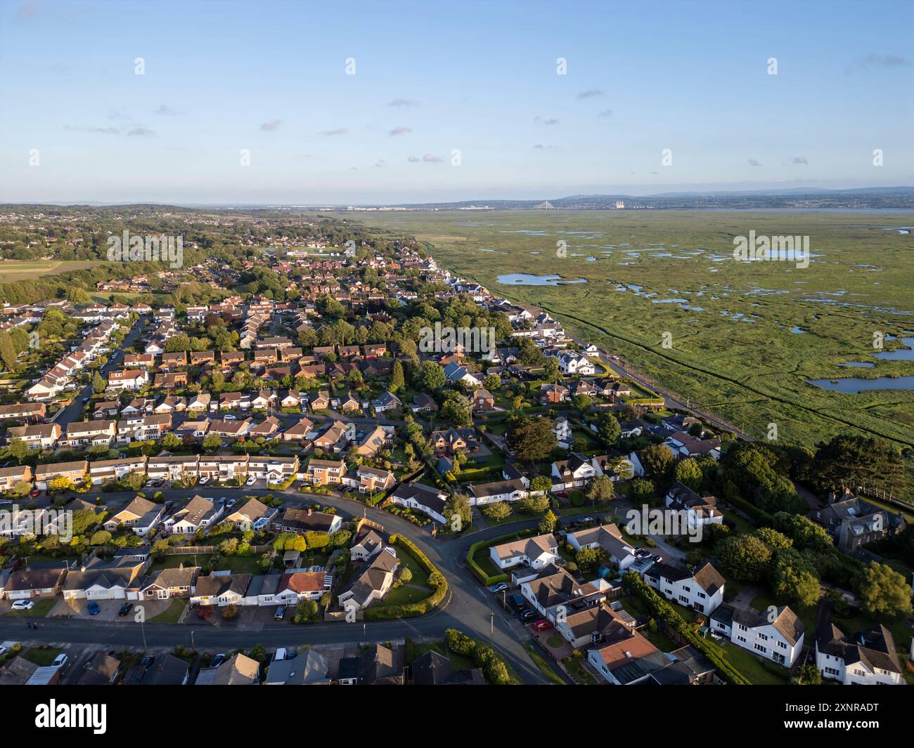 Aerial view of English village of Parkgate on the Dee estuary, Wirral ...