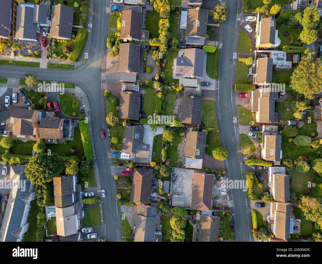 Top down aerial view of English houses and gardens, Wirral Peninsula ...
