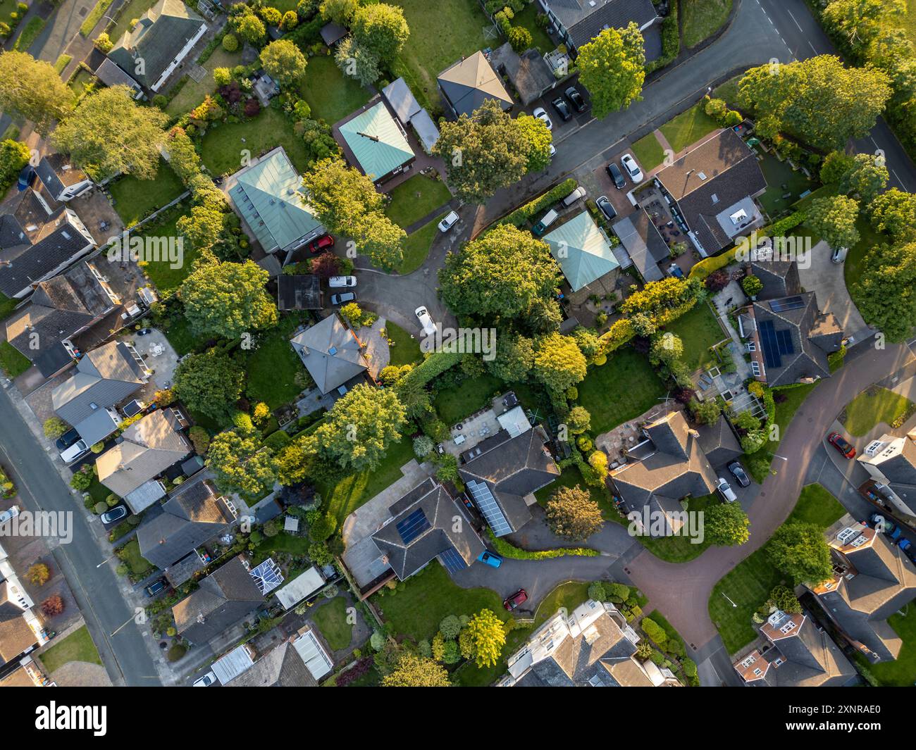 Top down aerial view of English houses and gardens, Wirral Peninsula ...