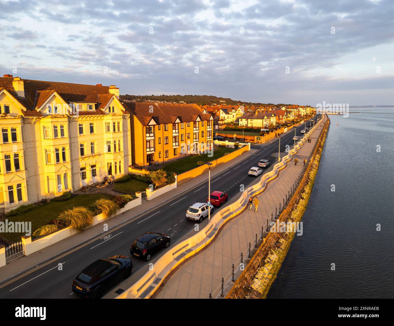 Aerial view of West Kirby marine lake flood defence sea wall, Wirral ...