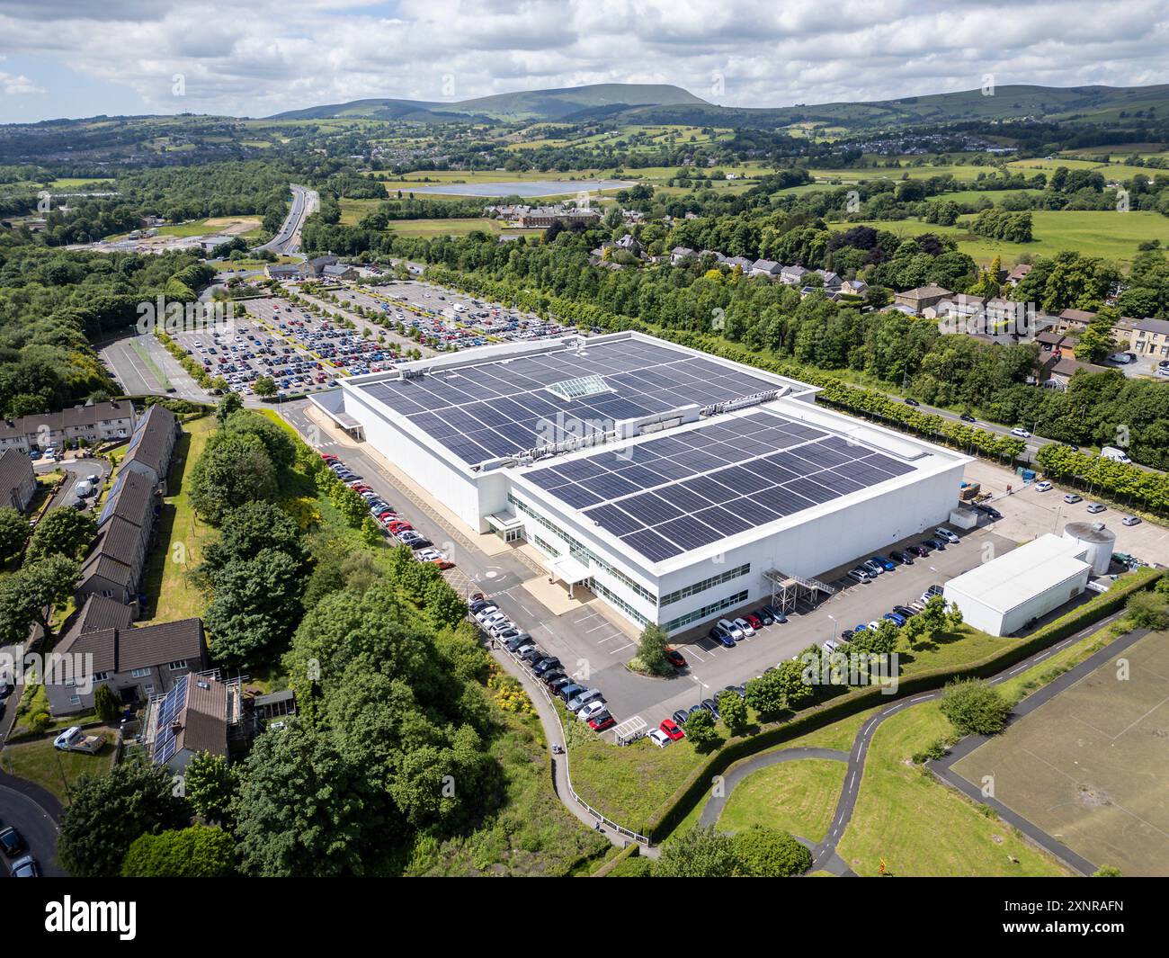 Aerial view of solar panels on roof of Boundary Mill store, Colne ...