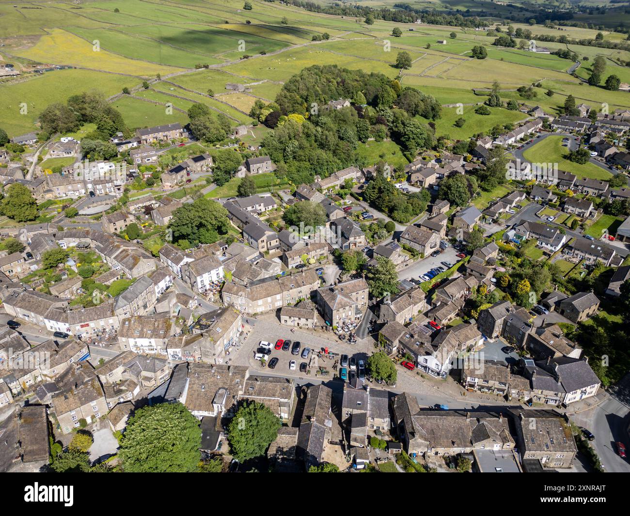 Aerial view of Grassington village and surrounding farmland, North ...