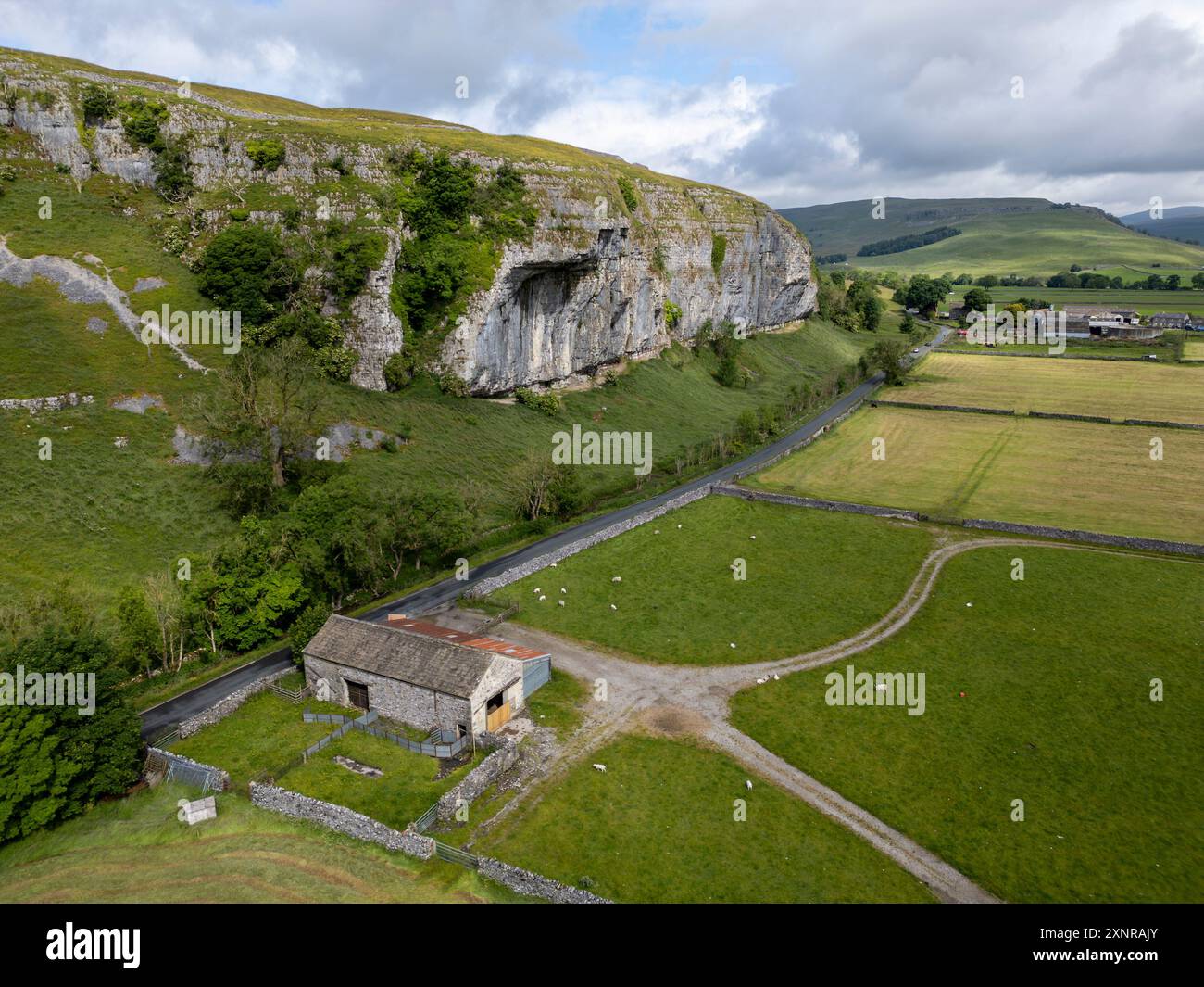 Aerial view of Kilnsey Crag, limestone cliff, Yorkshire Dales National ...