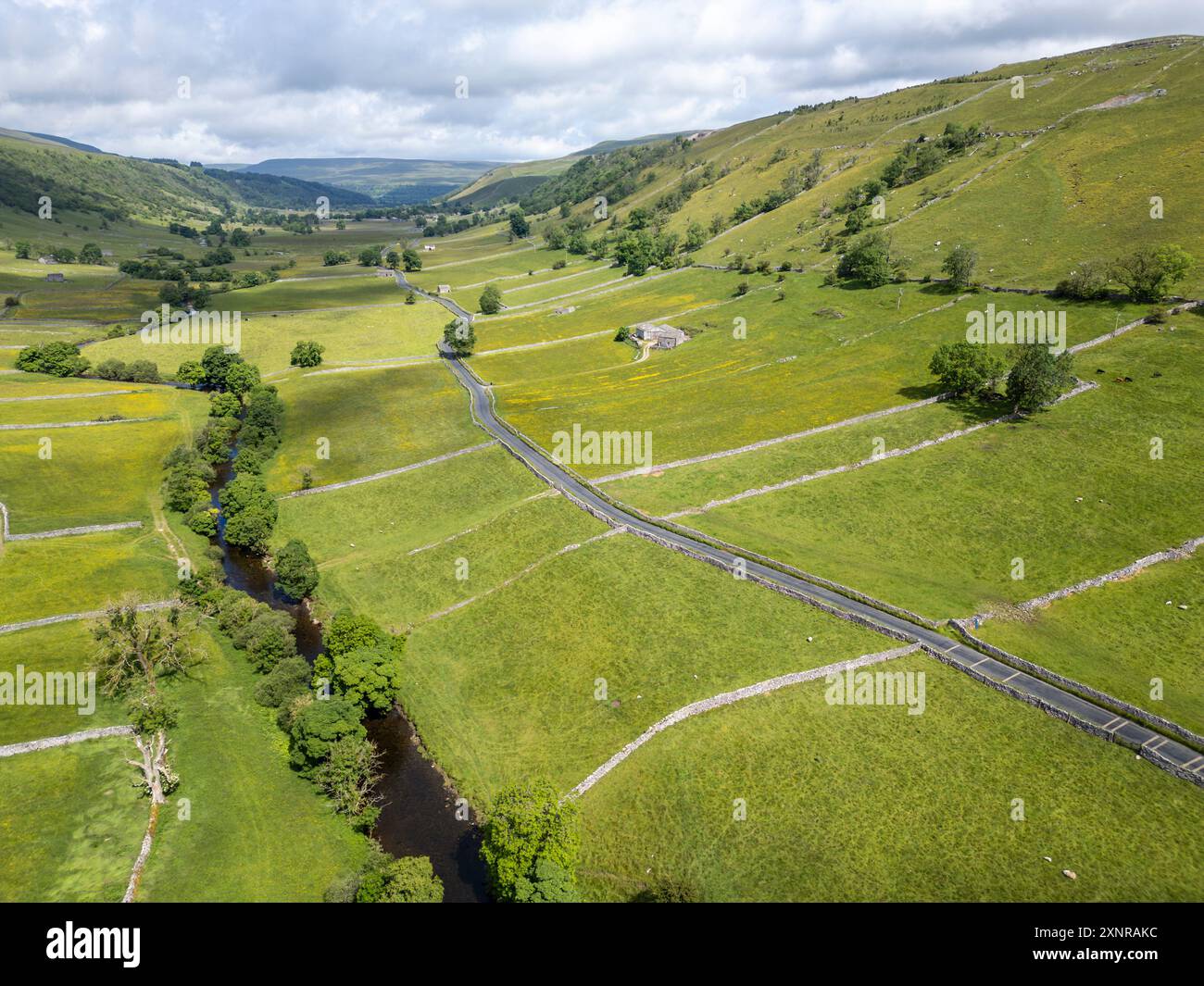 Aerial view of river Wharfe and Farmland in the Wharfedale valley ...