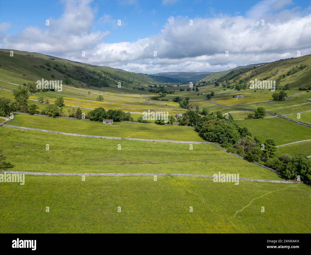Aerial view of road and river through Farmland in the Wharfedale valley ...
