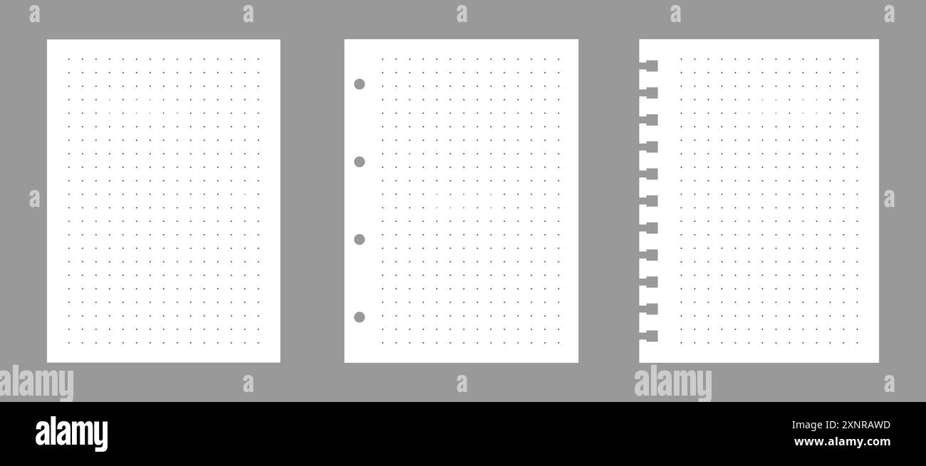 Set of notebook sheets isolated on gray background. Realistic white blanks of dots paper ...
