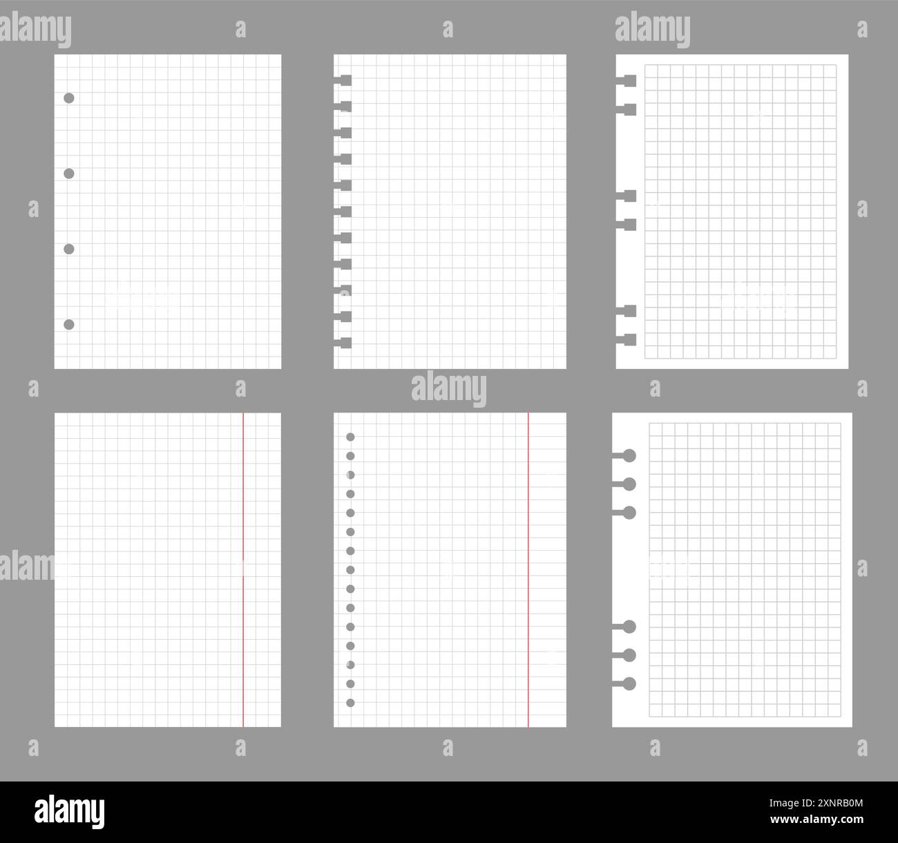 Set of notebook sheets isolated on gray background. Realistic white blanks of checkered paper ...