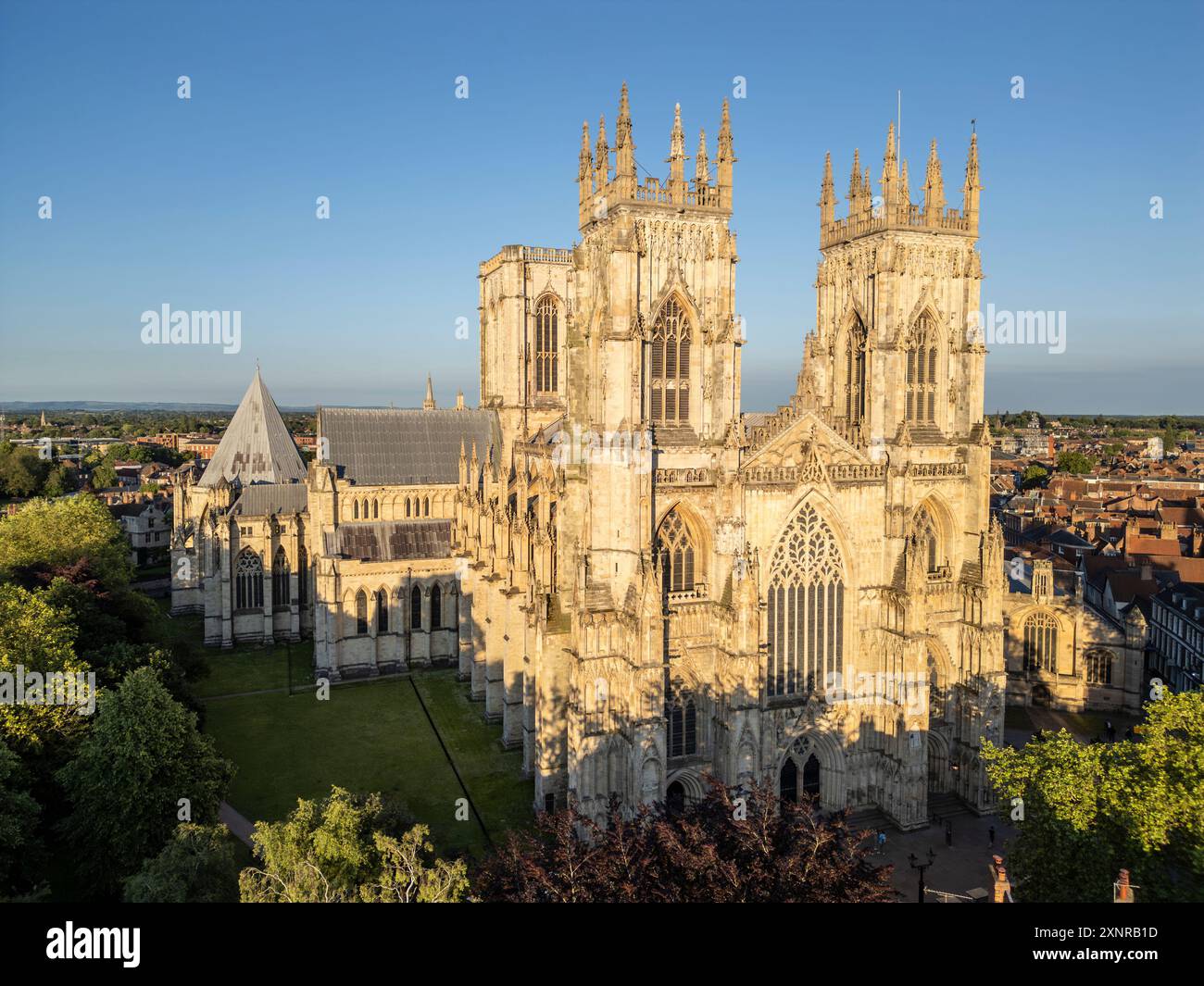Aerial view, York Minster in late evening light, North Yorkshire ...