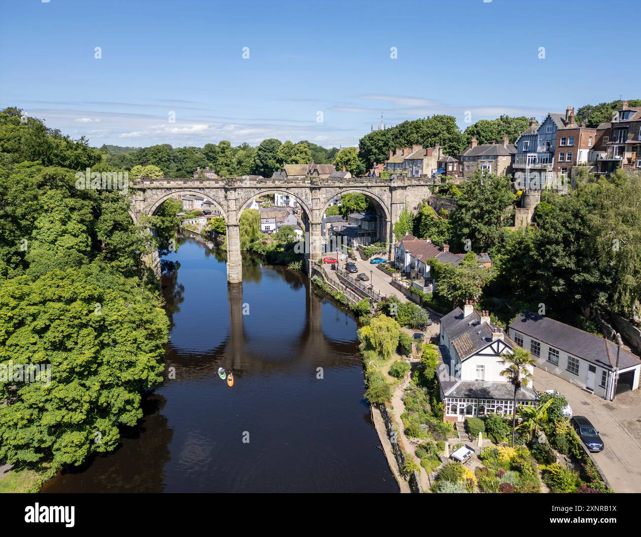 Aerial towards viaduct over River Nidd, Knaresborough, North Yorkshire ...