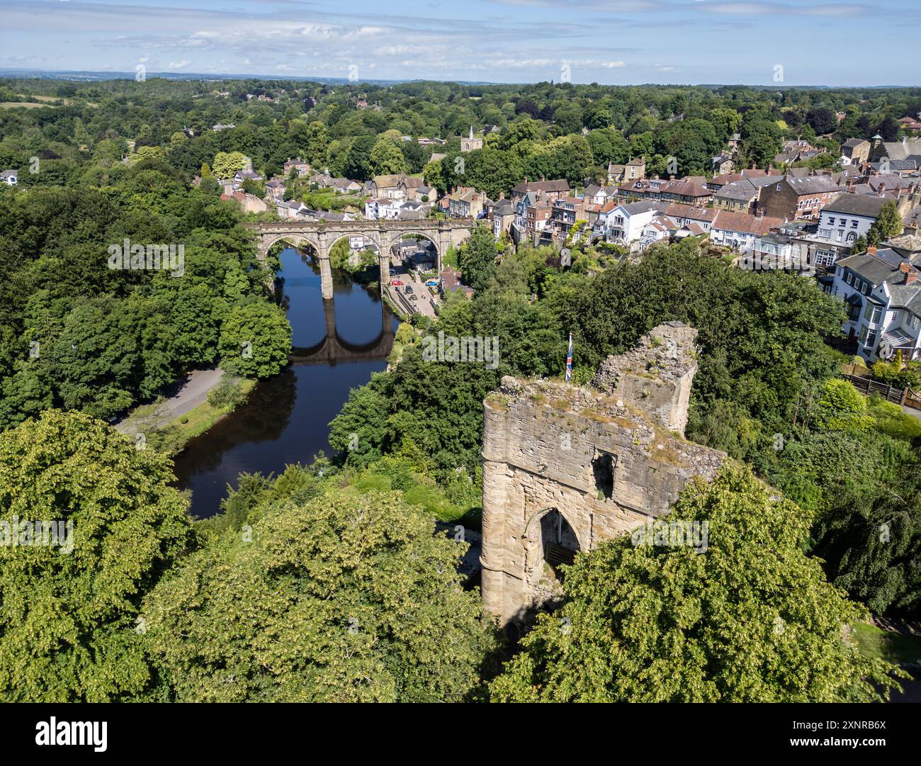Aerial view of castle and railway viaduct over the River Nidd ...