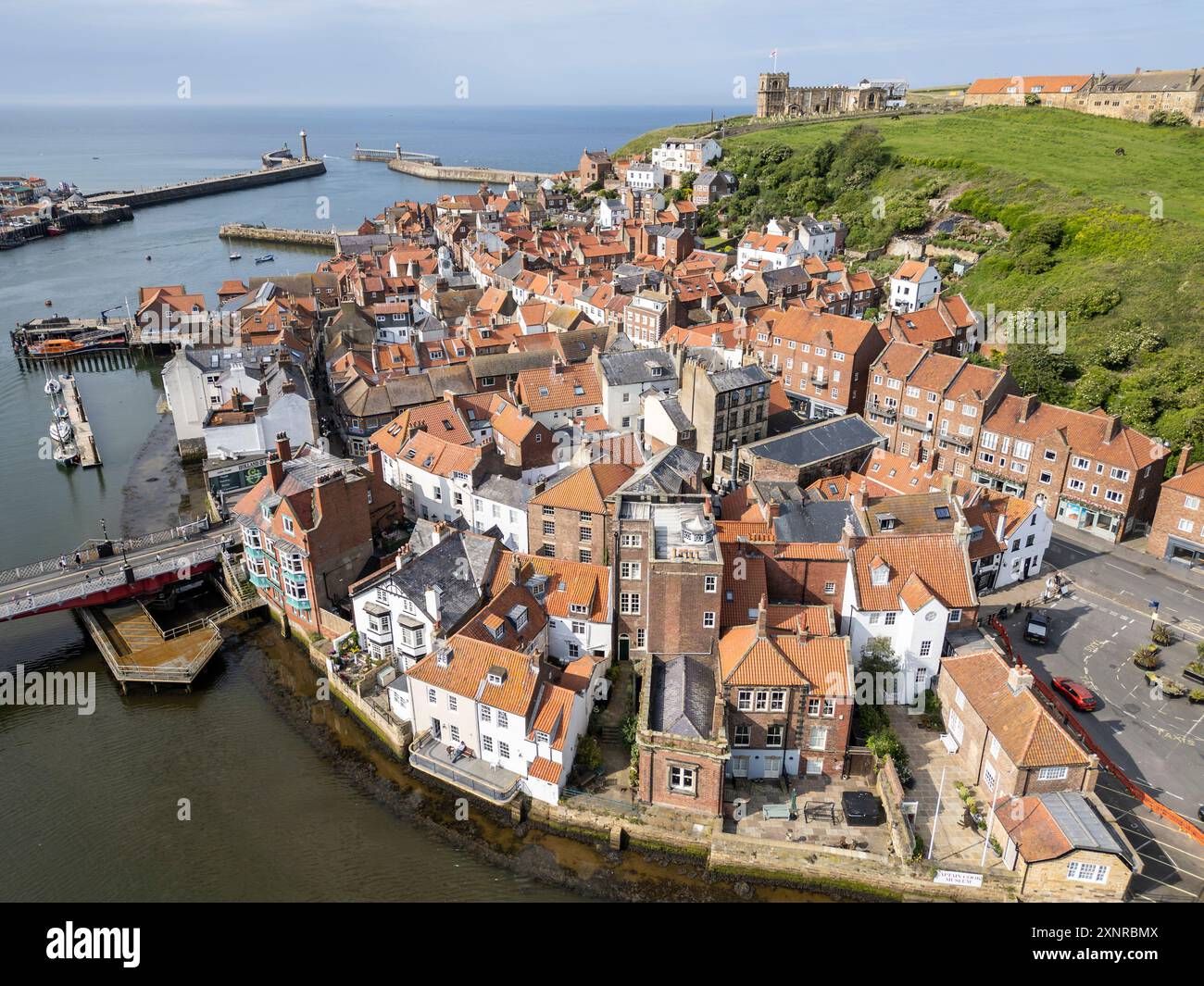Aerial view over Whitby harbour and River Esk, North Yorkshire, England ...