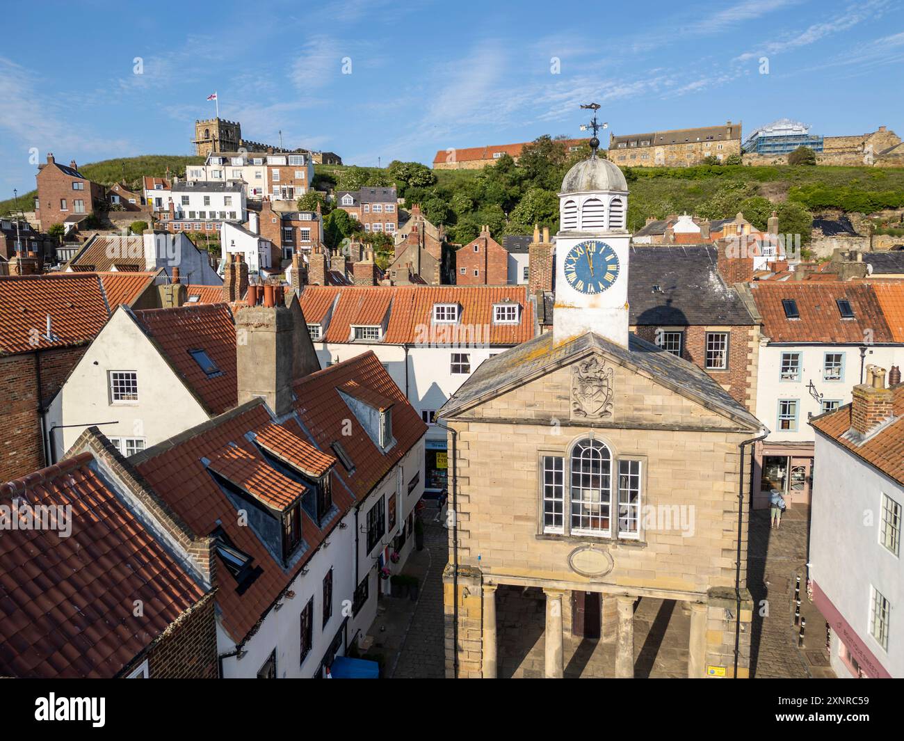 Aerial view of Whitby Old Town Hall and market place, North Yorkshire ...