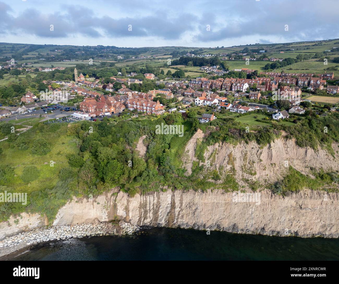 Aerial view of Cliff top houses at Robin Hood's Bay, North Yorkshire ...