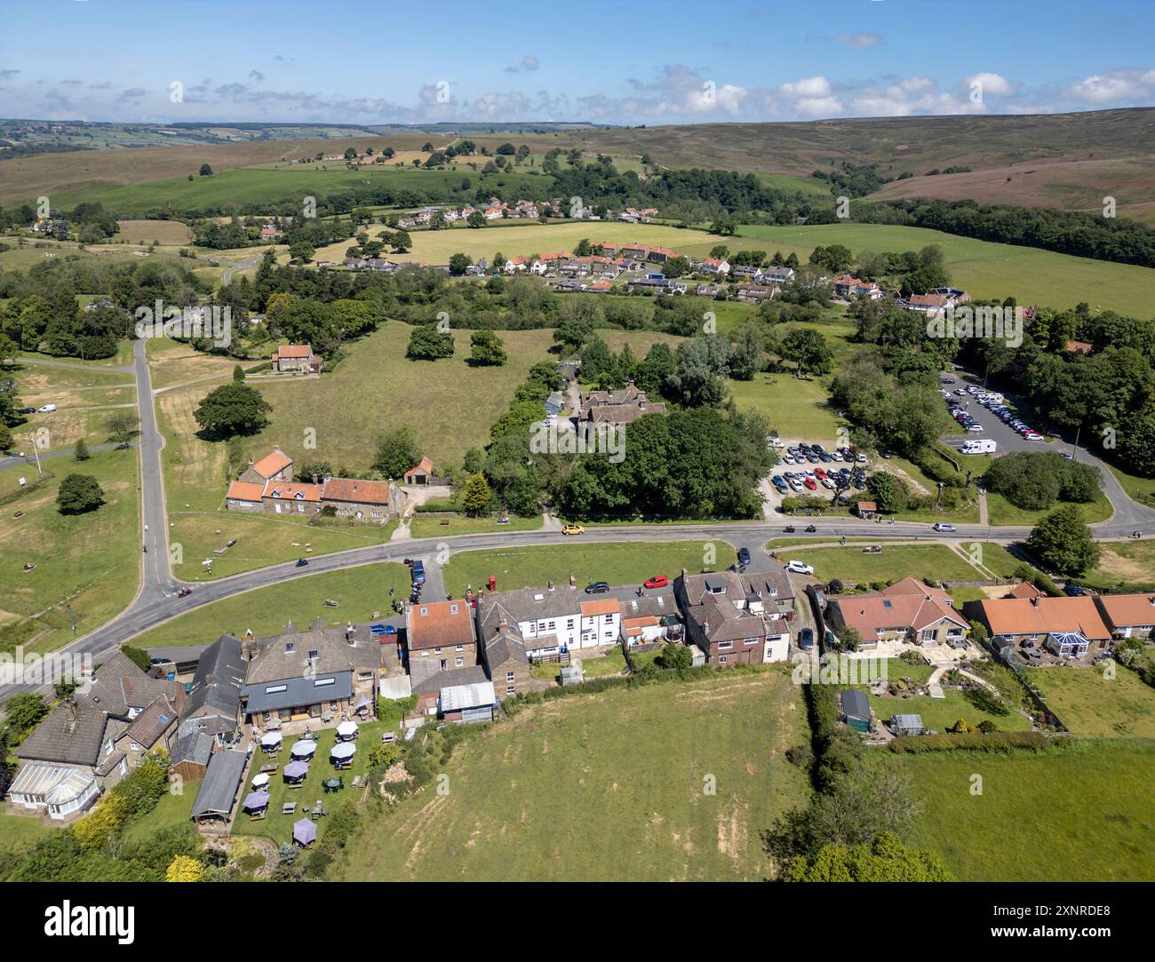 Aerial view of main street, Goathland village, North York Moors ...