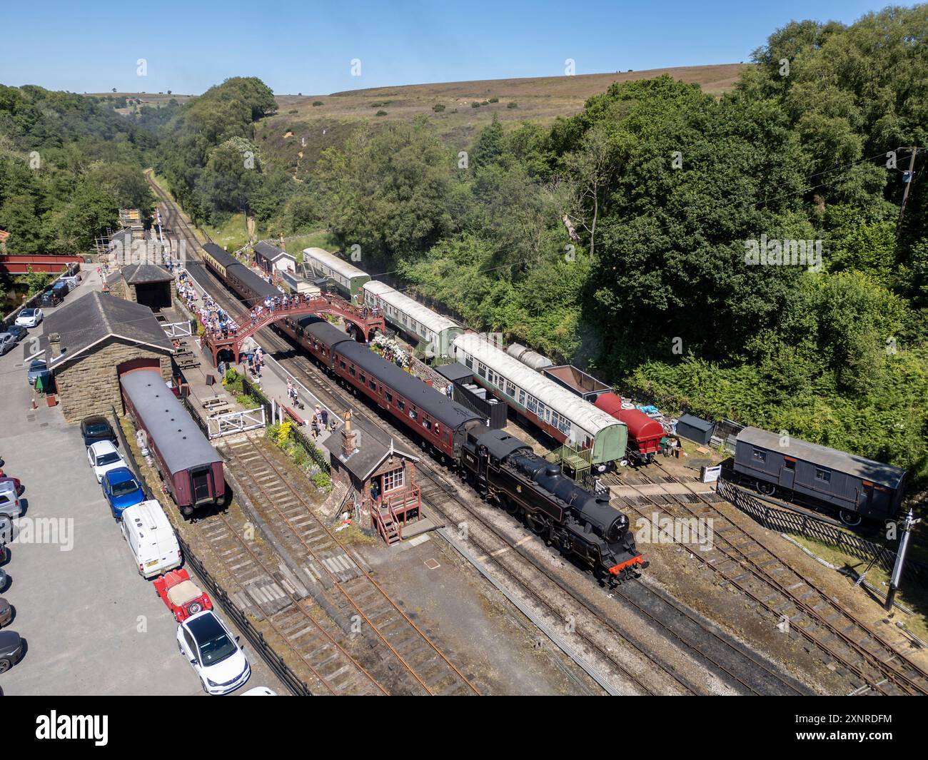 Goathland railway station with tourists watching the steam trains ...