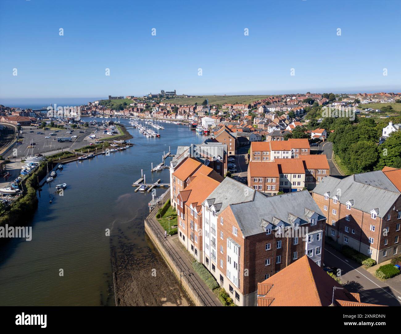 Whitby harbour buildings and River Esk, North Yorkshire, England Stock ...