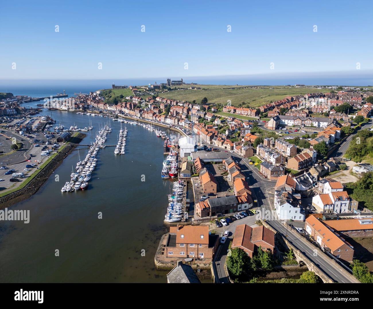 Aerial view over Whitby harbour and River Esk, North Yorkshire, England ...