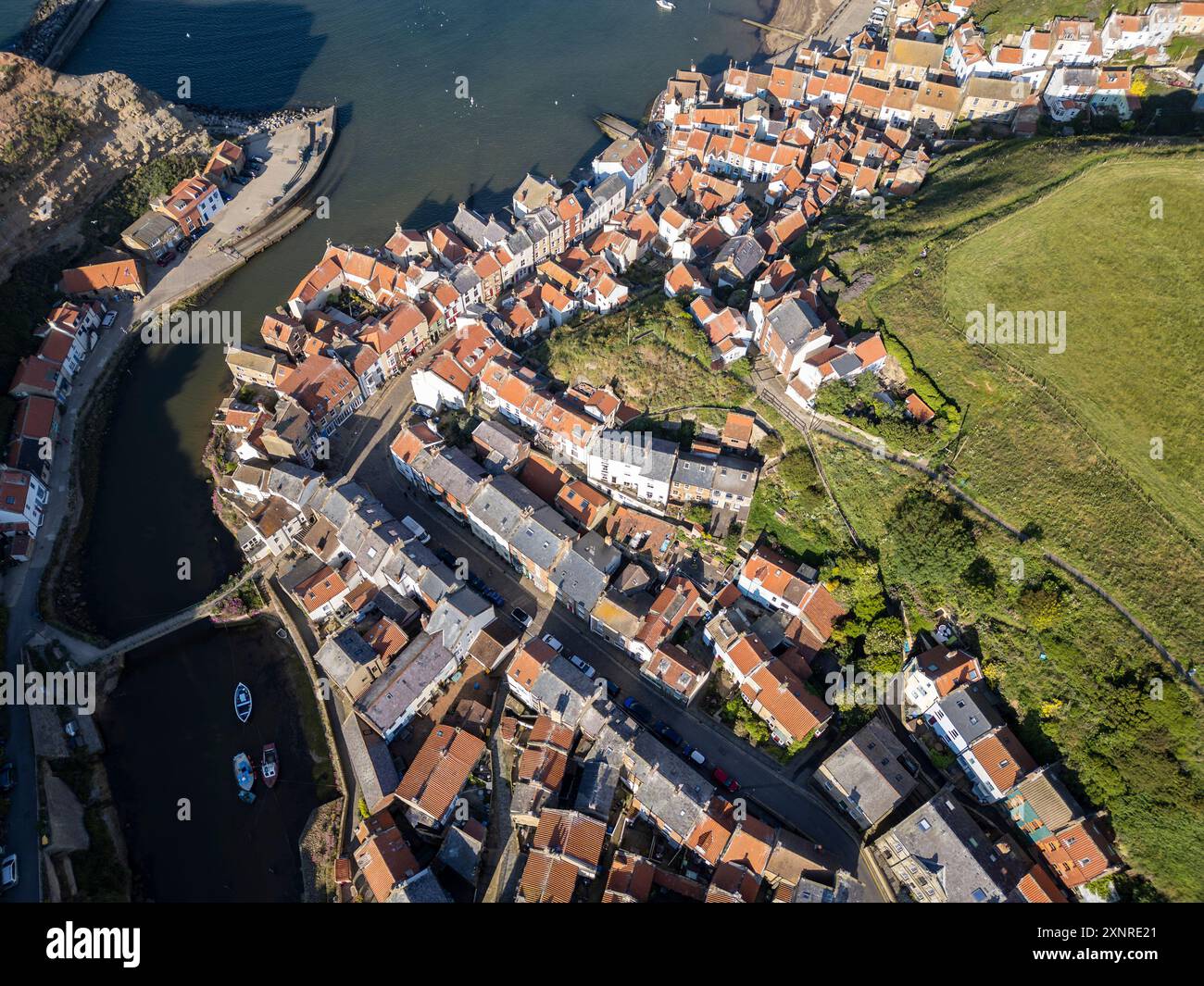 Aerial view of Staithes fishing village and harbour, North Yorkshire ...