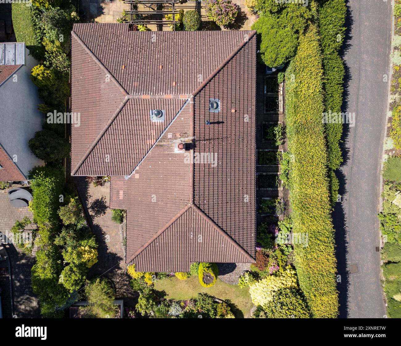 Suburban bungalow top down view with roof and boundary hedge in Wirral ...