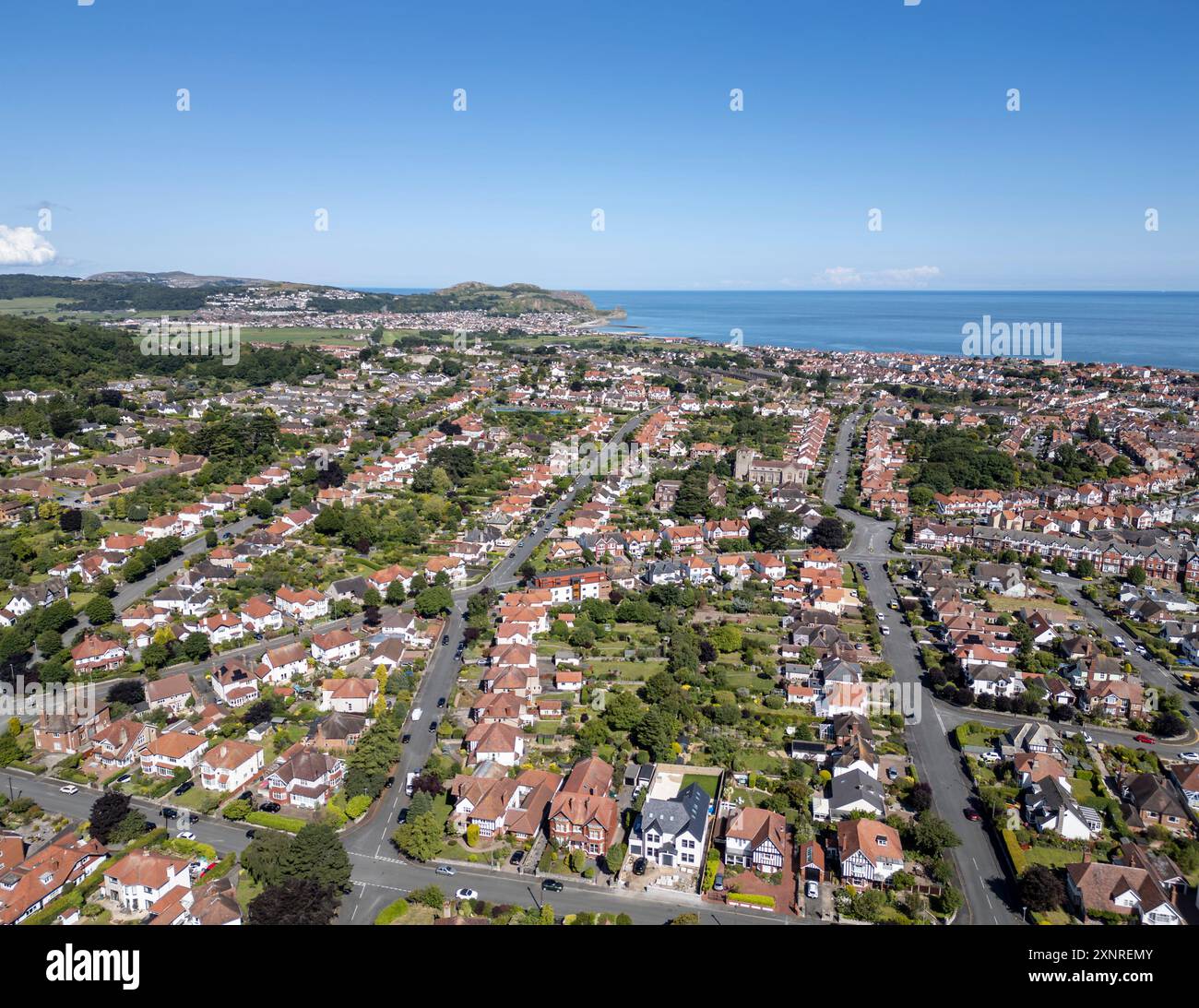 Houses and gardens of Rhos on Sea suburbs, North Wales seaside resort ...