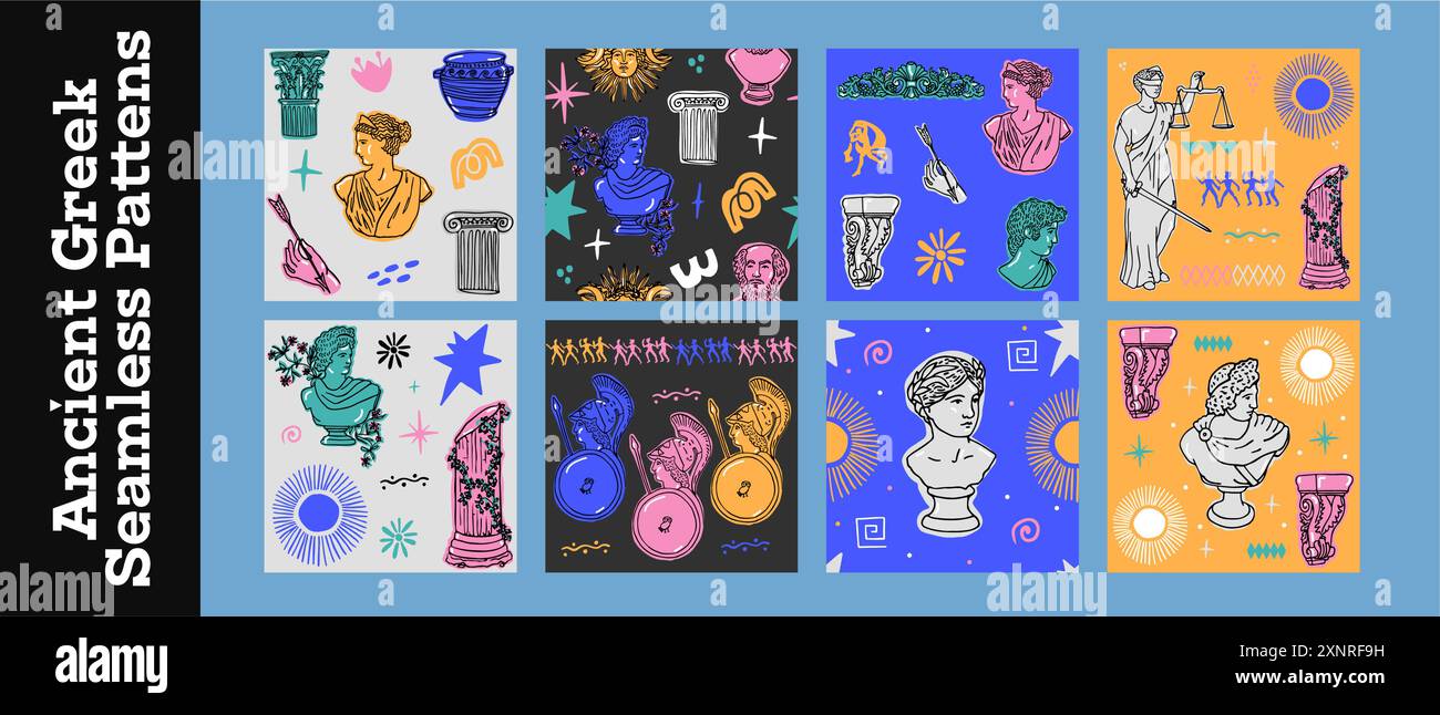 Ancient Greek Hand drawn Seamless Pattern Set with sculptures and ...