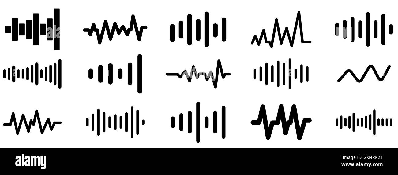 Sound waves icons set. Black wave icons in flat style. Musical sound ...