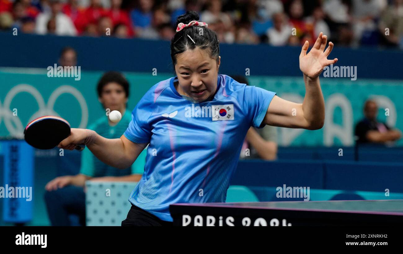 South Korea's Shin Yubin plays against China's Chen Meng during a women's singles semifinal ...