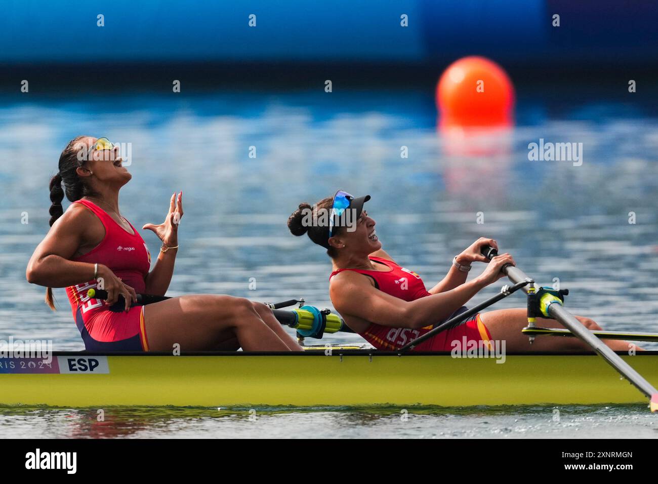 Spain's Aina Cid I Centelles and Esther Briz Zamorano react after competing in the women's pair ...