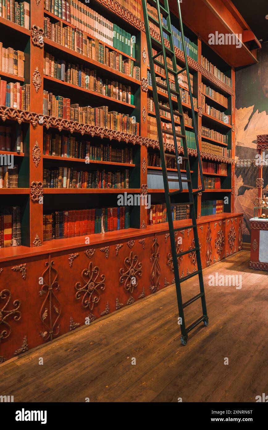 Ornate Library Interior with Carved Wooden Bookshelves and Rolling ...