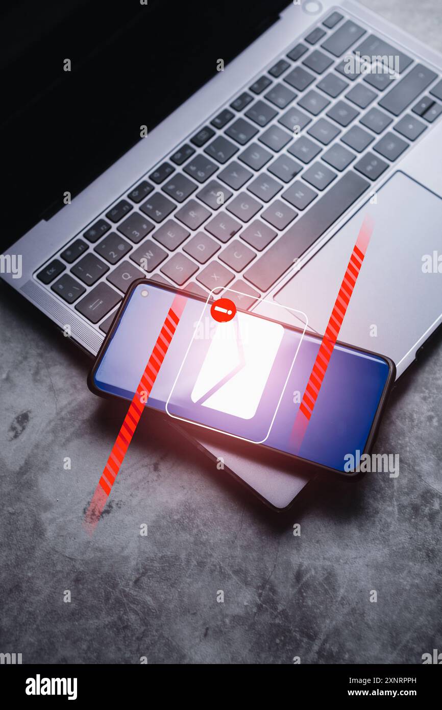 Alert mail inbox on smartphone from spam virus. Caution notification message on phone to protect ...