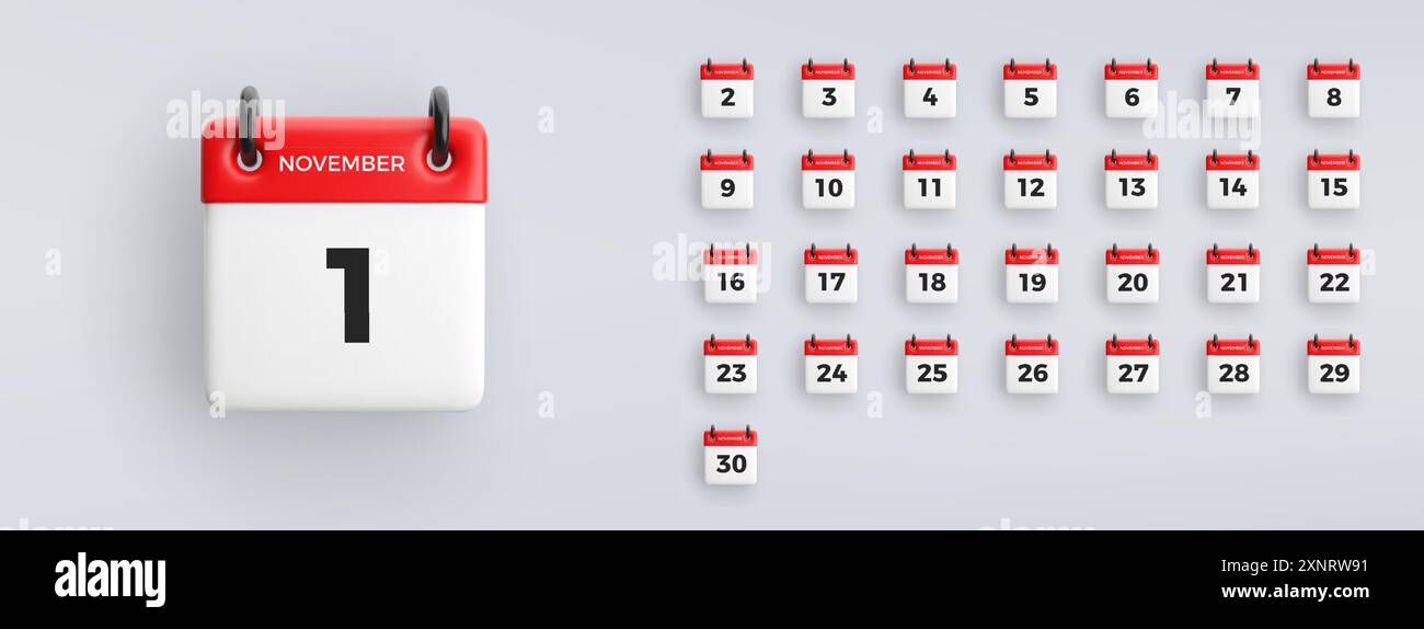 3D calendar icon with date from 1 to 31 of November on gray background ...