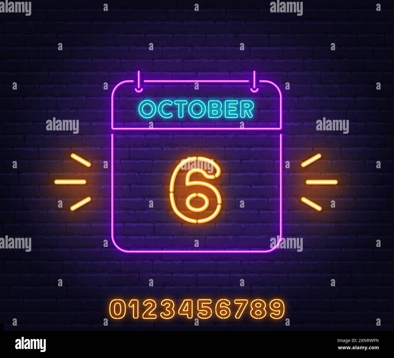 Neon Calendar Sign on brick wall background. 6 October text Stock ...