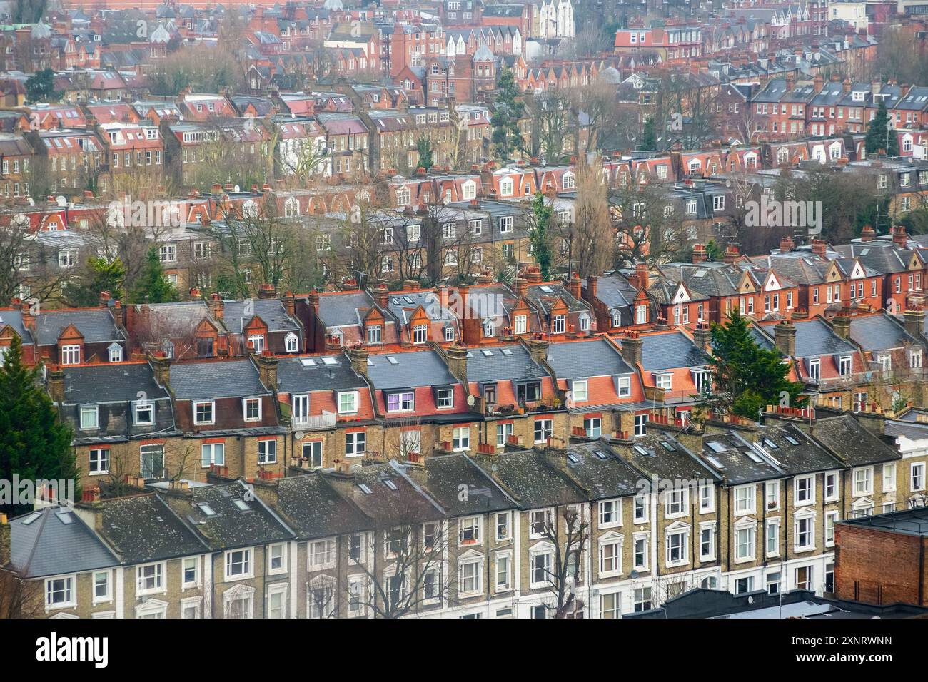 Aerial view of back to back terraced houses in London, England, UK ...