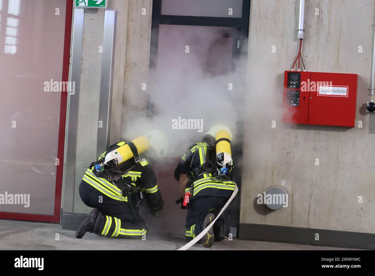 02 August 2024, Thuringia, Bad Köstritz: Firefighters practice a ...