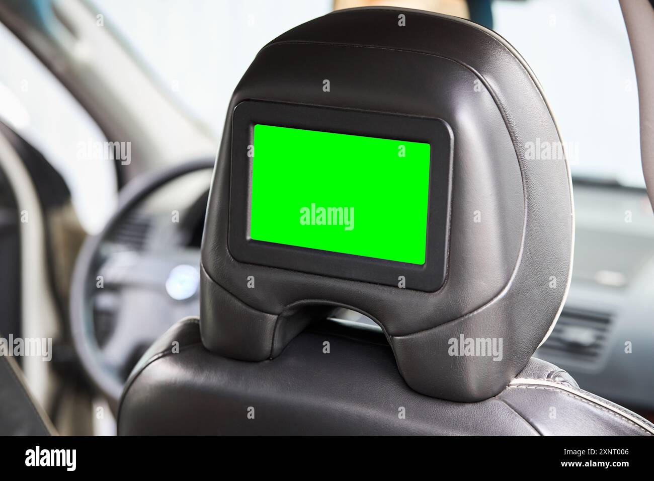Car inside headrest screen mock up. Interior of prestige luxury modern ...