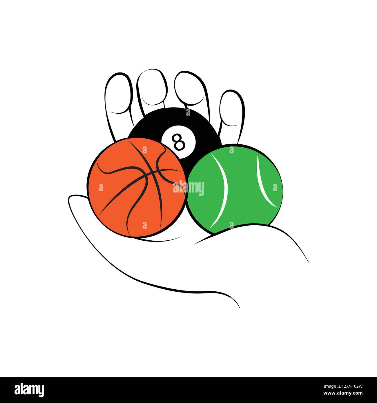 Cartoon human hand with Basketball, tennis ball and snooker ball in it ...