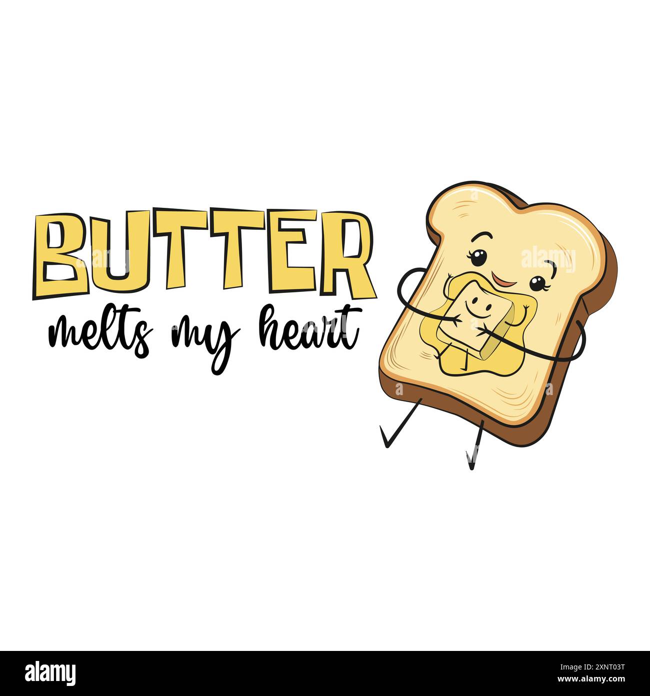 Cute cartoon of a happy bread slice in a plate hugging butter with a ...