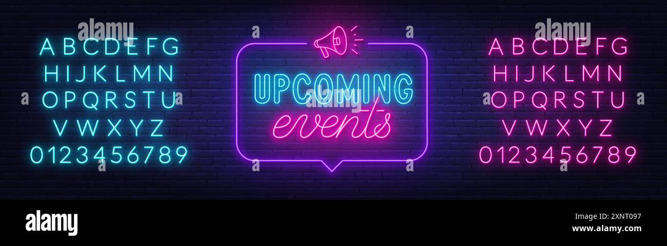 Upcoming Events neon sign in speech bubble on brick wall background ...
