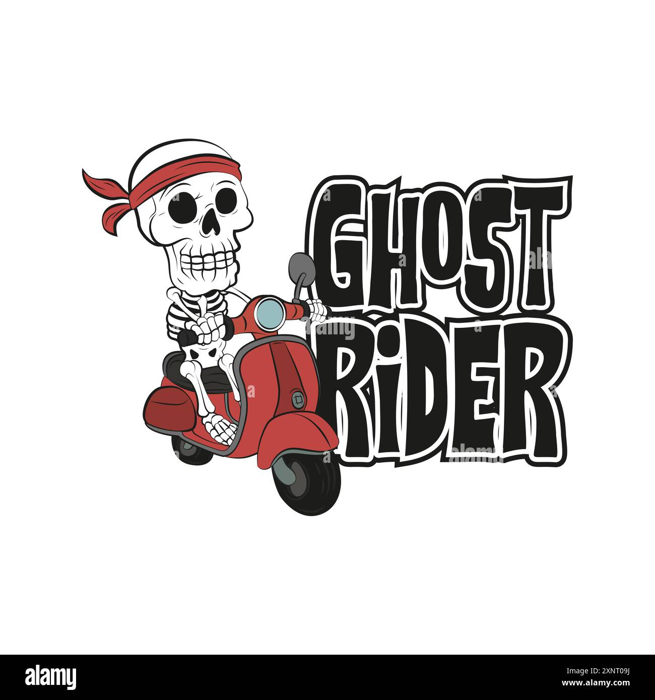 Funny skeleton cartoon in bandana riding a red scooter with a quote ...