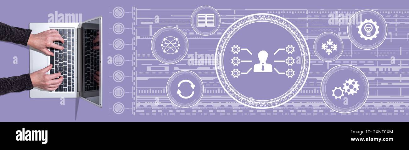 Top view of hands using laptop with symbol of competence concept Stock ...