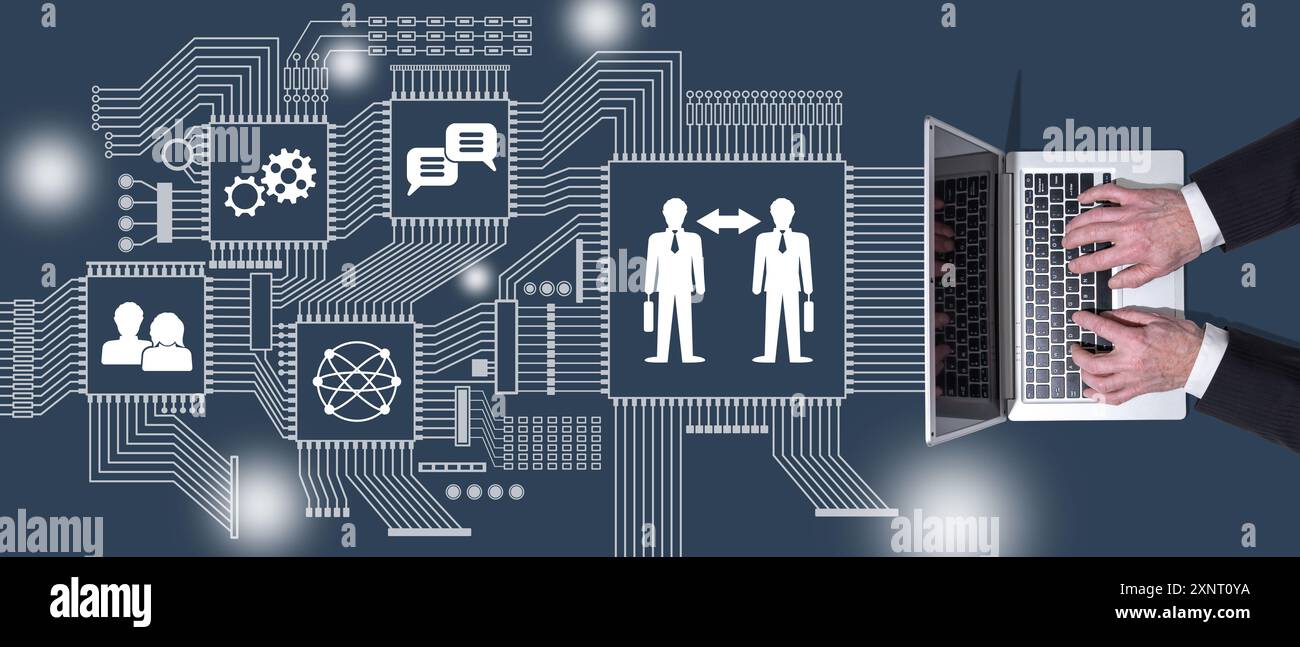 Top view of hands using laptop with symbol of business relationship ...