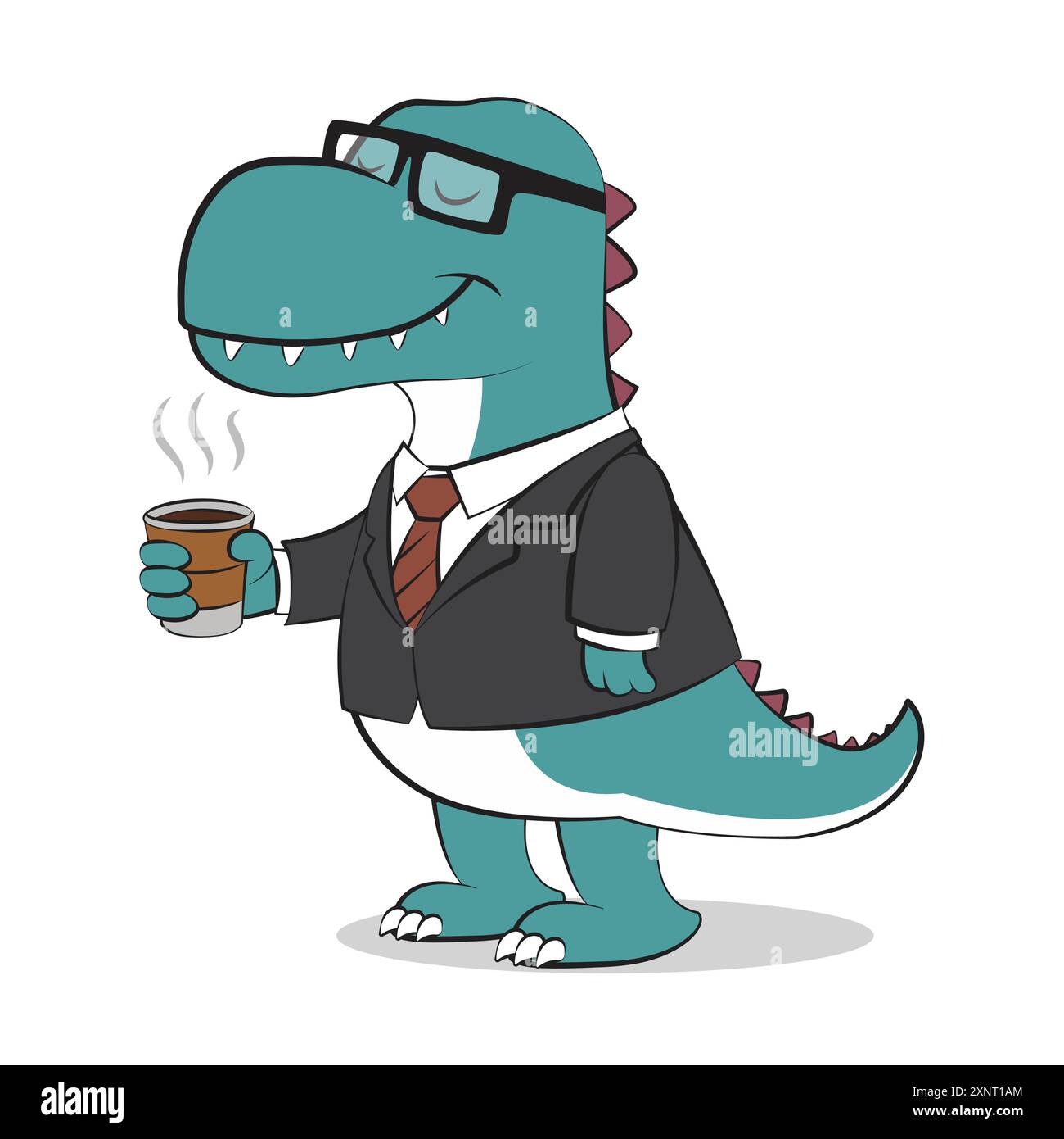 Cute T-rex dinosaur in a business outfit and having a cup of coffee ...
