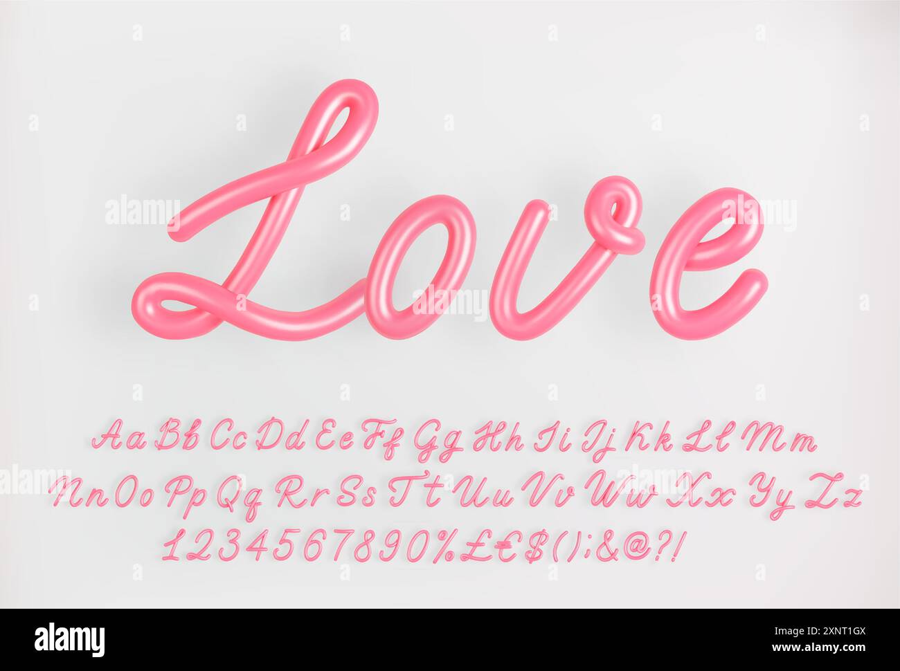 3D Pink Script Alphabet with numbers on light background. Cute Cursive ...