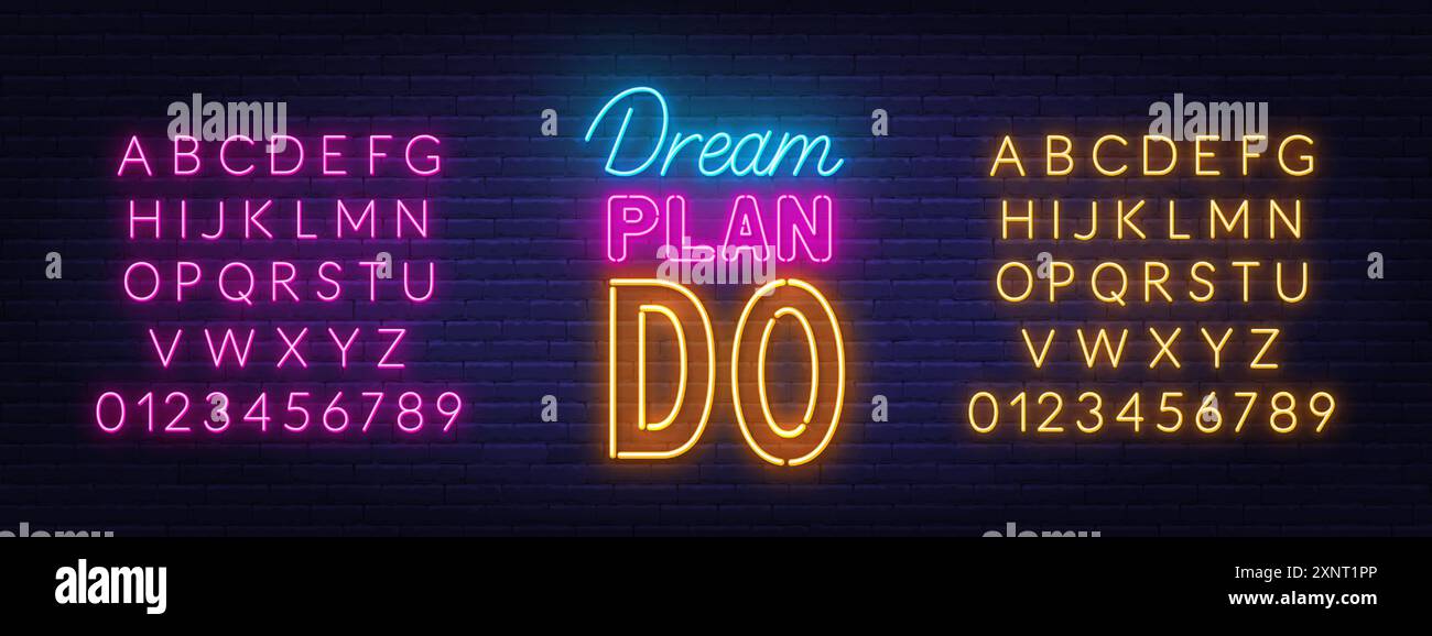 Dream Plan Do neon lettering on brick wall background Stock Vector ...