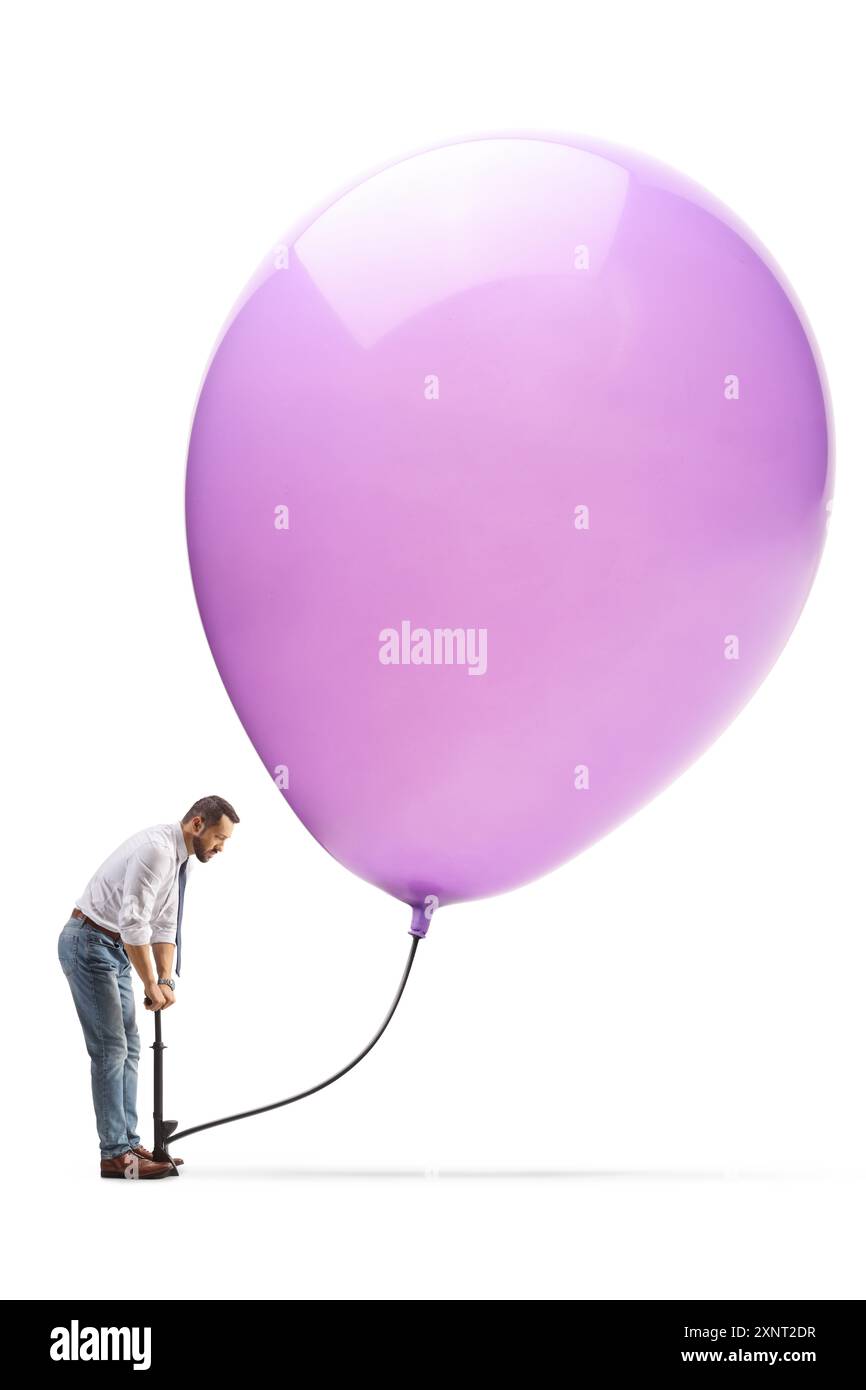 Businessman pumping a big balloon with a manual pump isolated on white ...