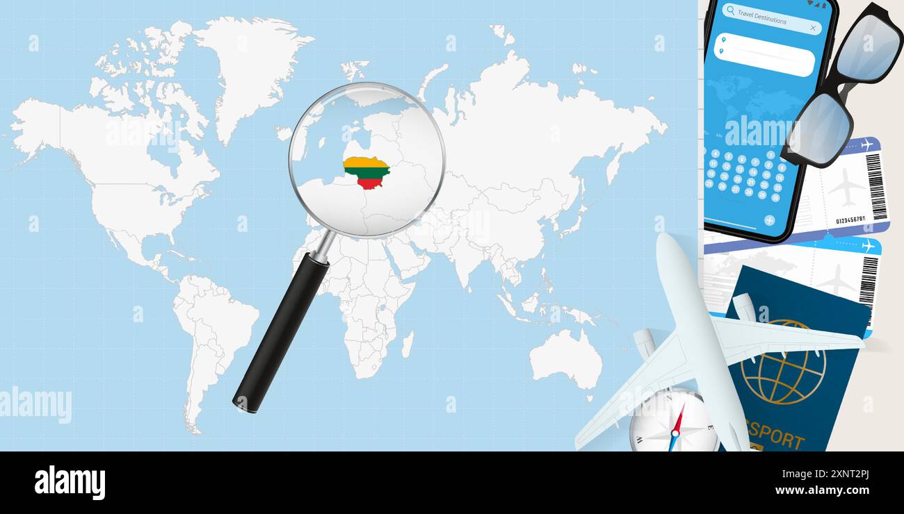 Lithuania is magnified over a World Map, illustration with airplane ...