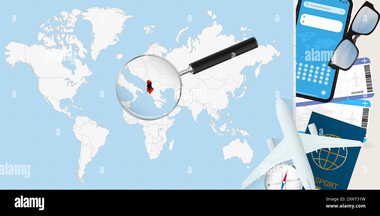 Albania magnified map with the flag hi-res stock photography and images ...