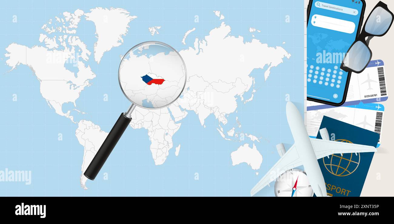 Czech Republic is magnified over a World Map, illustration with ...
