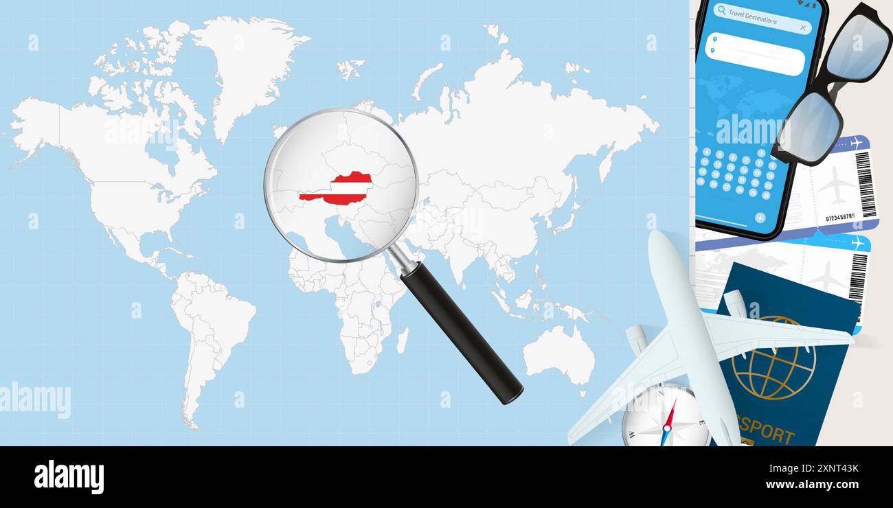 Austria is magnified over a World Map, illustration with airplane ...
