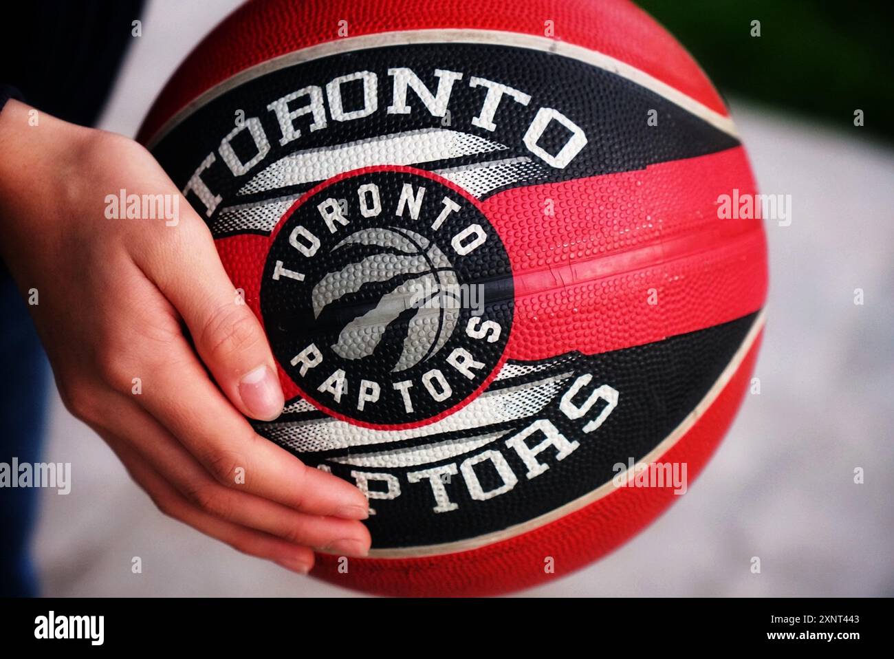 A basketball player stands ready, a Toronto Raptors ball in hand as he ...
